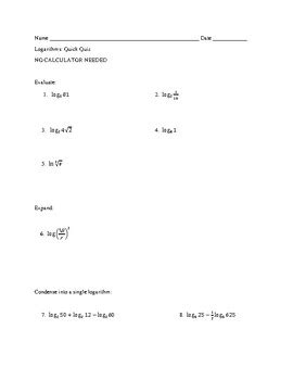 Logarithms Quick Quiz No Calculator Version B TPT
