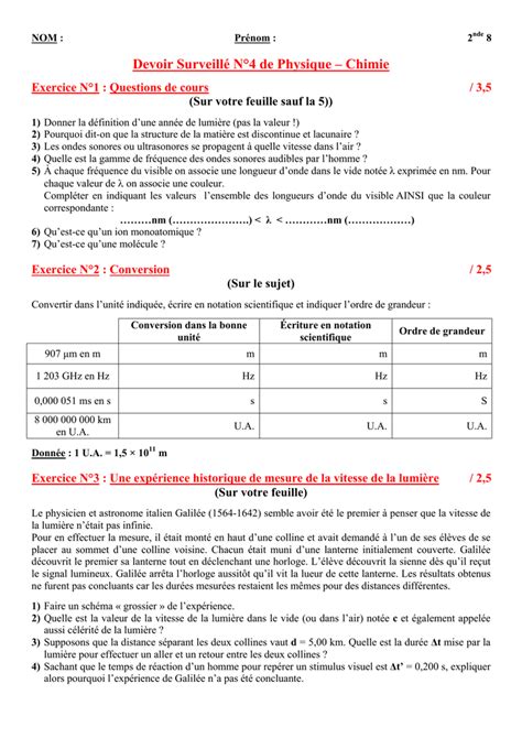 Devoir Surveillé N°4 De Physique Chimie