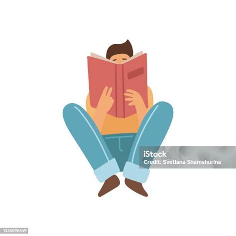 바닥에 앉아 흰색 배경에 고립 된 책을 읽는 남자 전면 보기입니다 책 애호가 고립 된 개념 플랫 만화 스타일의 벡터 일러스트레이션 가공의 인물에 대한 스톡 벡터 아트 및
