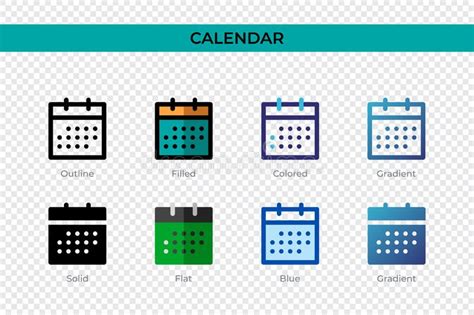 Calendar Icon In Different Style Calendar Vector Icons Designed In Outline Solid Colored