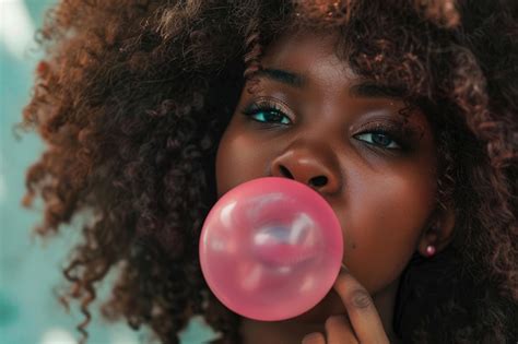 Cheerful Afro Girl Blowing Bubble Gum Balloon Beautiful Closeup Of