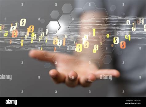3d Rendering Hologram Of Binary Codes And Network Of Hexagons Between A Persons Palm Stock