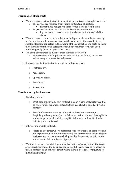 Introduction To Law Lecture Notes Lecture 28 Termination Of Contracts When A Contract Is