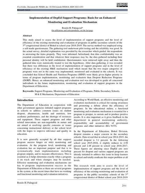 Implementation Of Deped Support Programs Basis For An Enhanced Monitoring And Evaluation