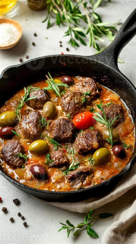 Aromatic Beef Stew With Olives And Rosemary In Cast Iron Skillet