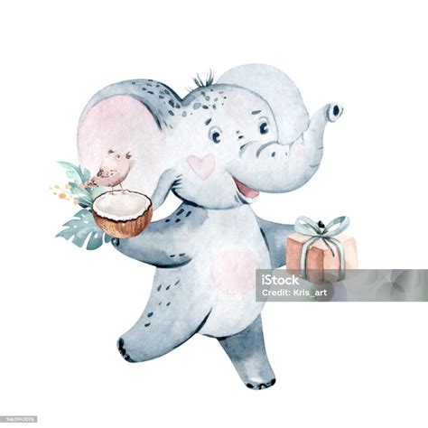 아기 코끼리와 귀여운 만화 그림 플로럴 프레임 베이비 샤워 생일 파티 초대장 보육 디자인 귀여운에 대한 스톡 벡터 아트 및 기타