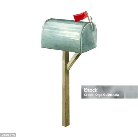 빨간 깃발과 금속 몸체가 있는 나무 다리에 있는 골동품 우체통 모든 요소는 수채화로 손으로 칠합니다 수채화 그림입니다 직물 종이 스크랩북 엽서에 인쇄를 위해 개념에 대한