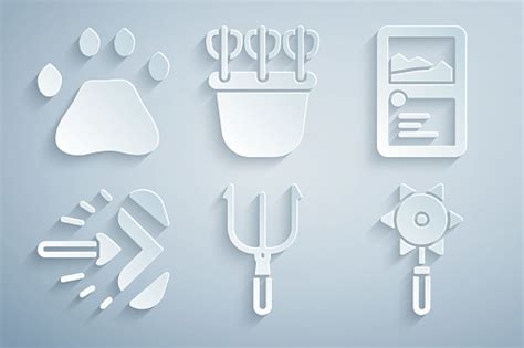 해왕성 삼지창 카드 게임 컬렉션 마법의 화살 중세 사슬로 묶인 철퇴 공 화살이 있는 화살통 및 곰 발 발자국 아이콘을 설정합니다 벡터 3차원 형태에 대한 스톡 벡터 아트 및