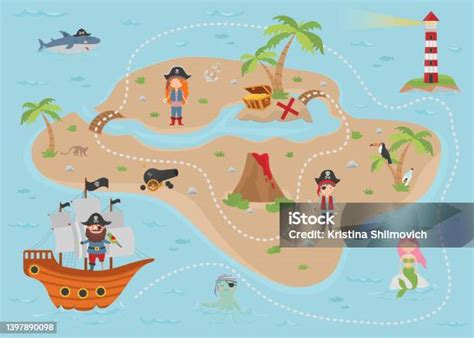 어린이를위한 만화 해적 보물지도 지도에는 귀여운 인어 해적 문어 상어 등대 보물 섬 가슴 및 배가 있습니다 보물지도에 대한 스톡 벡터 아트 및 기타 이미지 Istock