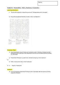 A Fun Wordsearch On Entrepreneurship And An Associated Extension Activity