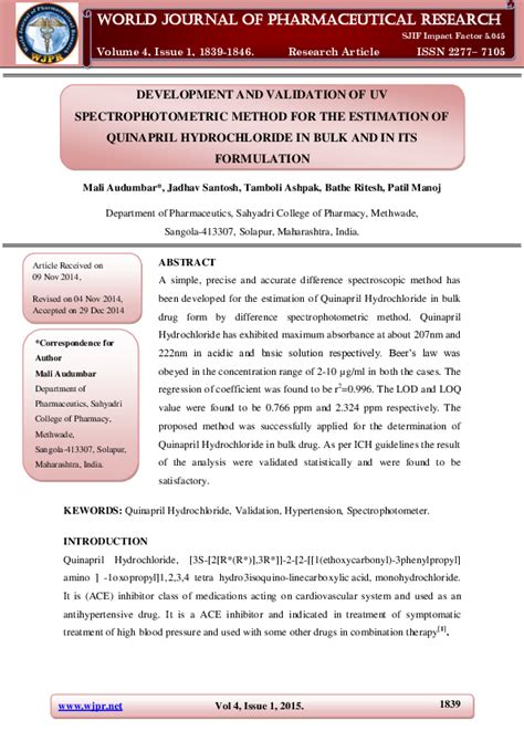 Pdf Development And Validation Of Uv Spectrophotometric Method For The Estimation Of Quinapril
