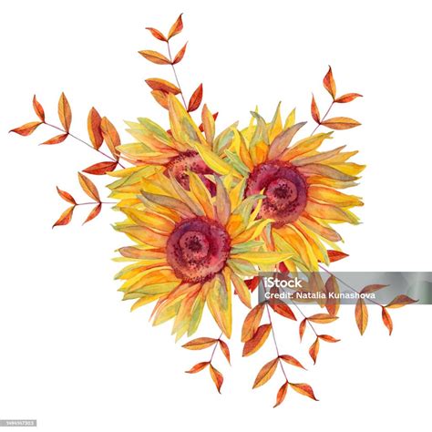 꽃이 있는 수채화 꽃다발과 해바라기와 나뭇가지가 흰색 배경에 분리된 나뭇잎 스티커 또는 직물을 위한 창의적인 손으로 그린 클립아트 엽서 결혼 축하 또는 포장 벽지 가을에