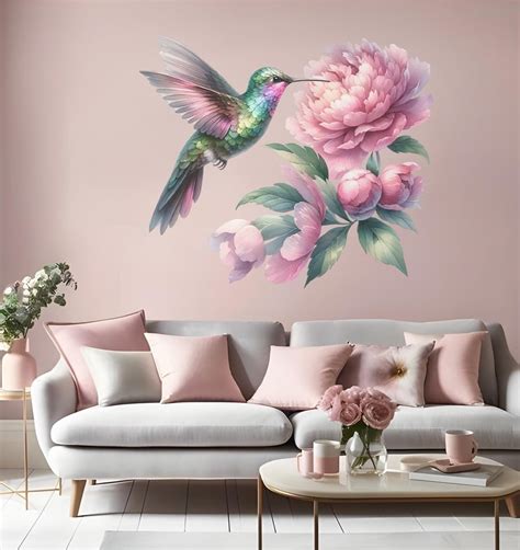 Peony Wall Decal With Hummingbird Wall Decor Colorful Bird Decal Flower
