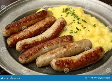 Bratwurst With Potato Salad Stock Image Image Of Meat Cooking 75102609
