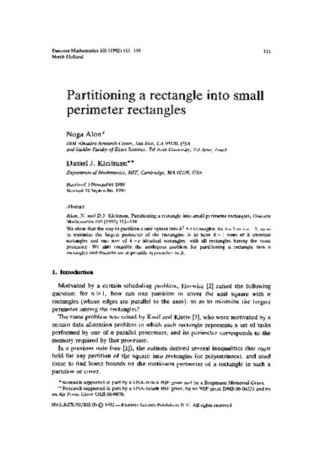 Pdf Partitioning A Rectangle Into Small Perimeter Rectangles Daniel Kleitman