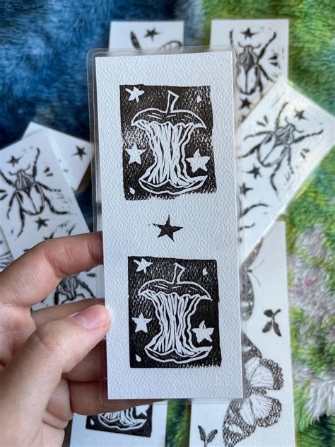 Linocut Laminated Bookmarks Assorted Bug Nature Apple Core Printed Page