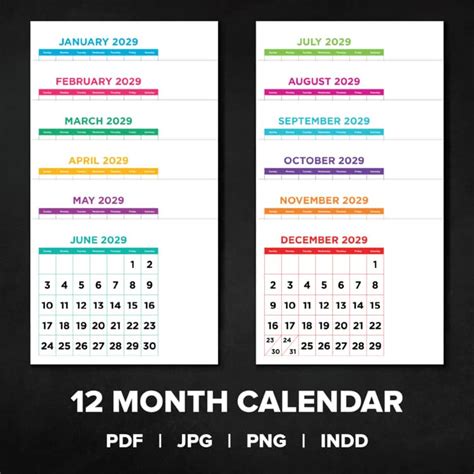 2029 Large Number Bold Color 85x11 Inch Calendar Template Pdf 