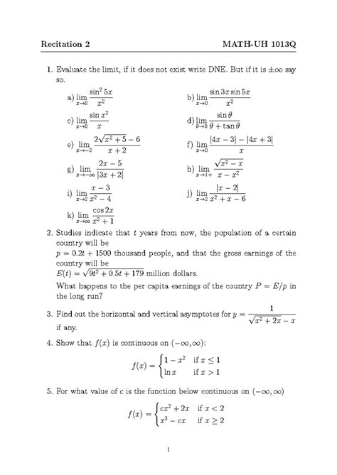 Recitation 2 Practice Recitation 2 Math Uh 1013q Evaluate The Limit