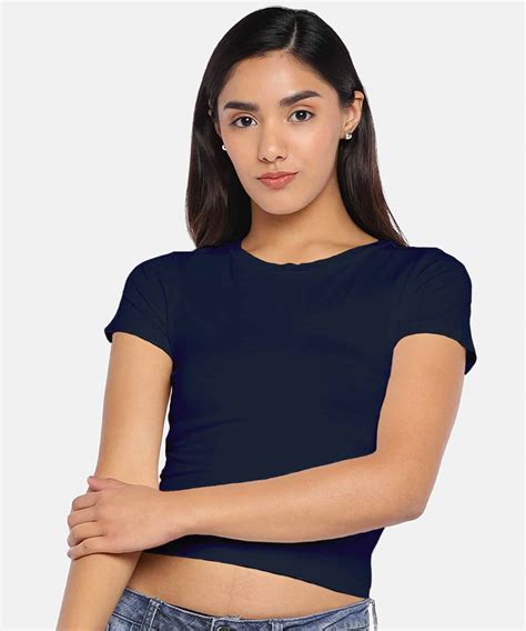 Medle Womens Navy Blue Plain Crop Top Trendy Half Sleeve Belly Top