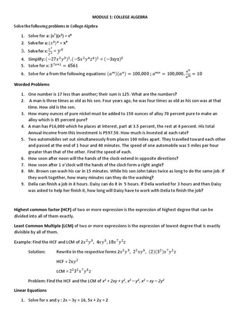 Worded Problems Solve The Following Problems In College Algebra Pdf