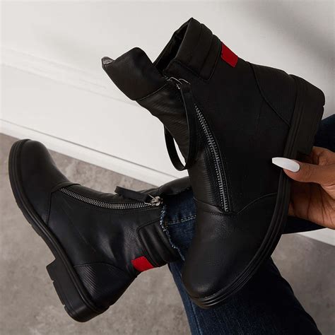 Black Slouch Ankle Booties Low Heel Zipper Boots Royaluckshoes