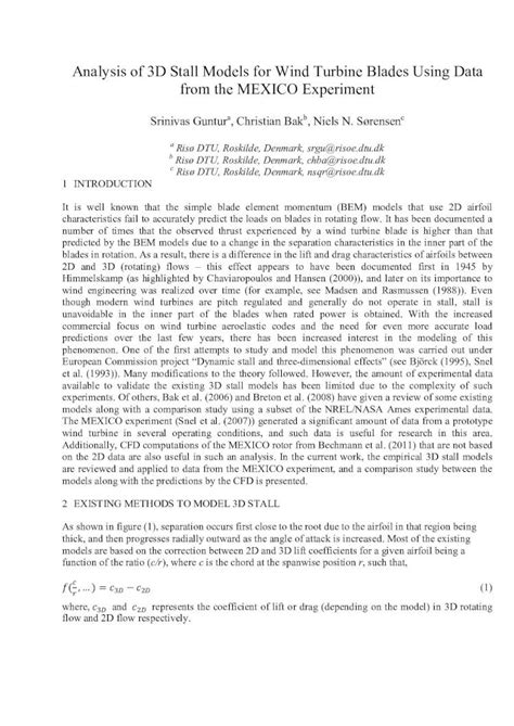 Pdf Analysis Of 3d Stall Models For Wind Turbine Blades Using Data