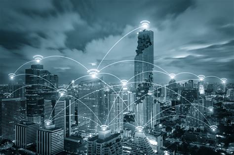 Wifi 아이콘 및 도시 풍경 및 네트워크 연결 개념 스마트 시티와 무선 통신 네트워크 추상적인 이미지 시각 사물의 인터넷 0