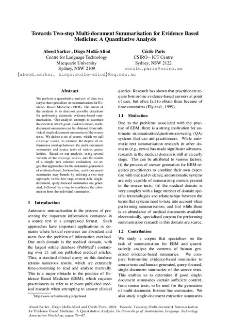 Pdf Towards Two Step Multi Document Summarisation For Evidence Based Medicine A Quantitative