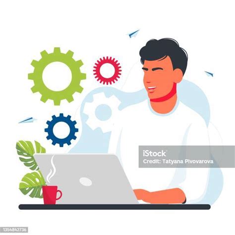 랩톱에서 일하는 남자의 벡터 일러스트레이션입니다 프리랜서 네트워크에서 승격 원격 작업 관리자 비즈니스 메커니즘 기어가 있는 추상적 배경 비즈니스 홍보 전략 분석 개념에 대한