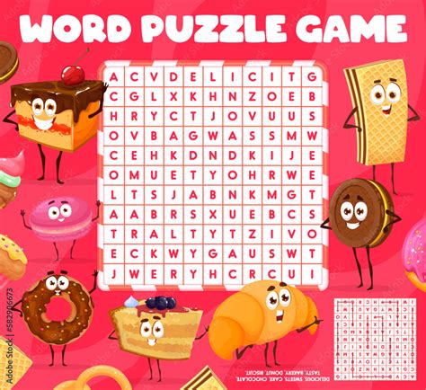 Word Search Puzzle Game Cartoon Bakery Sweets And Dessert Characters