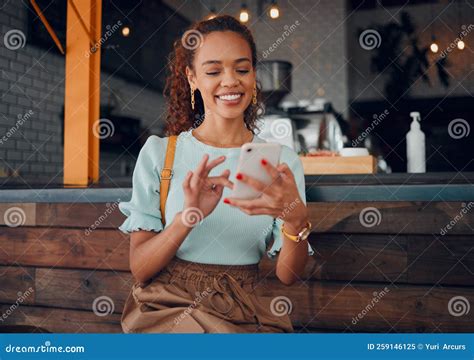 Restaurant Smartphone And Relax Black Woman Typing Scroll Or Check