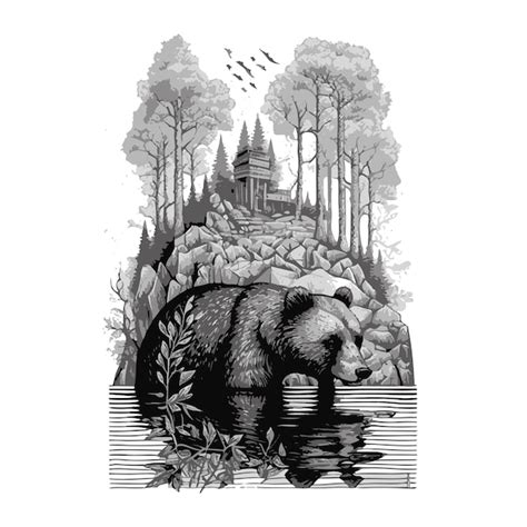 Pintura Em Aquarela De Um Urso Tomando Banho No Lago Vetor Premium