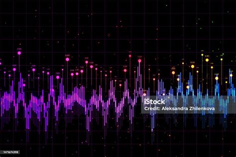 통계 및 시장 데이터 개념으로 보라색 및 파란색 디지털 그래프에 대한 전면 보기가 있으며 어두운 배경에 이진 코드 번호가 있습니다 3d 렌더링 디지털 생성 이미지에 대한