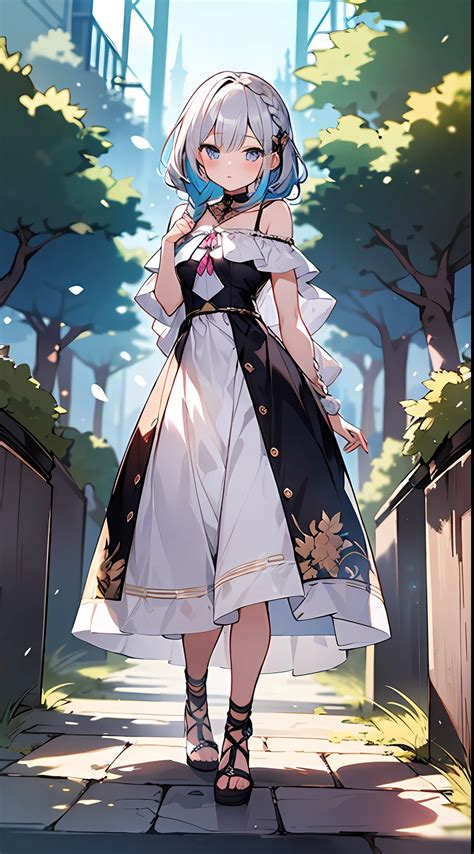 손에 꽃을 들고 보도를 걷고 있는 드레스를 입은 애니메이션 소녀 Seaart Ai