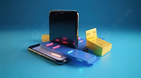 blue background isolation of credit card coin stacks and smartphone in 3d rendering mobile
