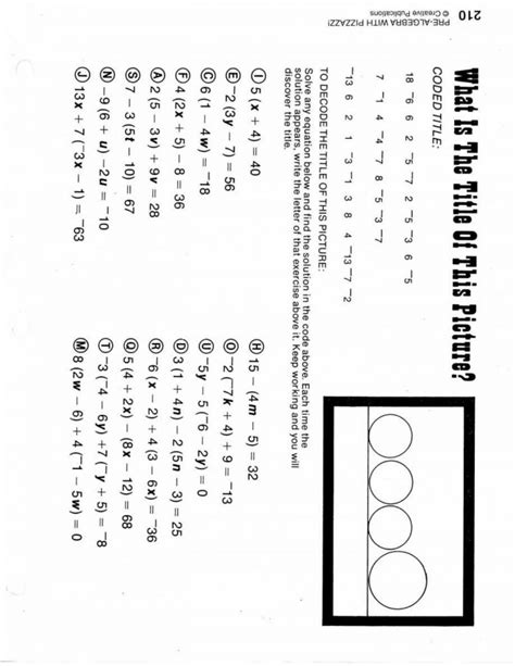 Math Worksheets Algebra With Pizzazz Worksheet Answers Free — Db