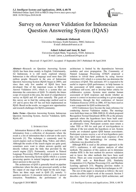 Pdf Survey On Answer Validation For Indonesian Question Answering System Iqas