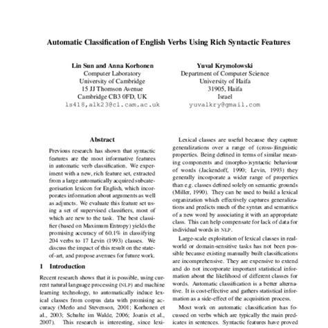 Automatic Classification Of English Verbs Using Rich Syntactic Features Acl Anthology