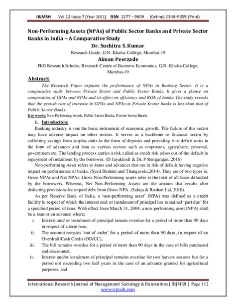(PDF) Non-Performing Assets (NPAs) of Public Sector Banks and Private ...