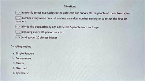 randomly select two tables in the cafeteria and survey all the people