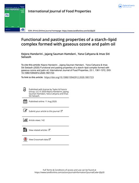 PDF Functional And Pasting Properties Of A Starchlipid Complex Formed With Gaseous Ozone And