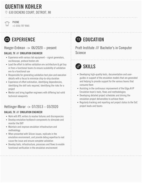 Emulation Engineer Resume Samples Velvet Jobs