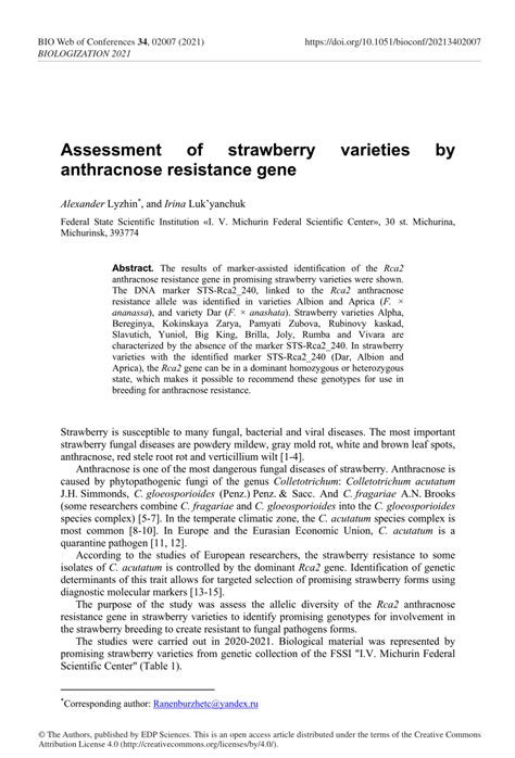 Pdf Assessment Of Strawberry Varieties By Anthracnose Resistance Gene
