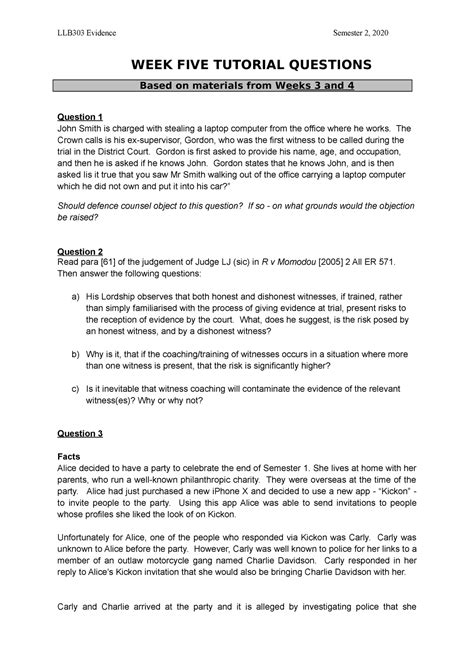 week five tutorial questions llb303 evidence semester 2 2020 week