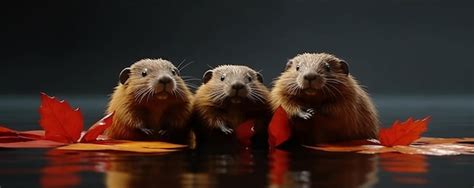 Premium Ai Image Three Cute Canada Beavers With Red Maple Leaves On A
