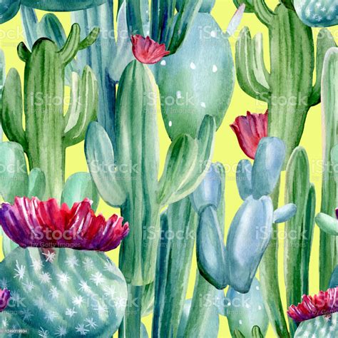 수채화 손은 노란색 배경에 다른 선인장과 원활한 패턴을 그린 0명에 대한 스톡 벡터 아트 및 기타 이미지 0명 가방 꽃
