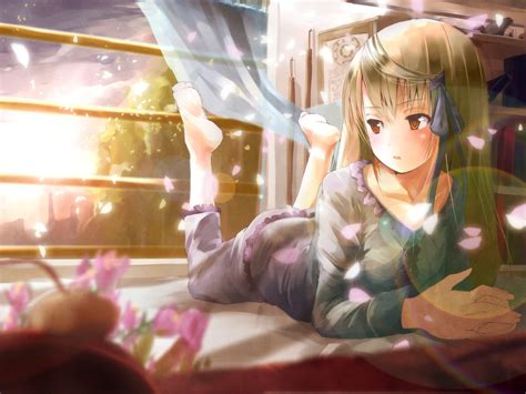 Green Haired Female Anime Character Lying Near On Window HD Wallpaper Wallpaper Flare