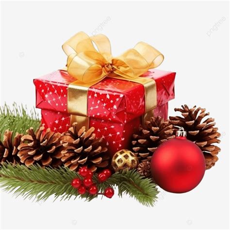 선물로 크리스마스 구성 황금 공 솔방울 빨간색에 전나무 가지와 눈송이 Png 일러스트 및 이미지 에 대한 무료 다운로드 Pngtree