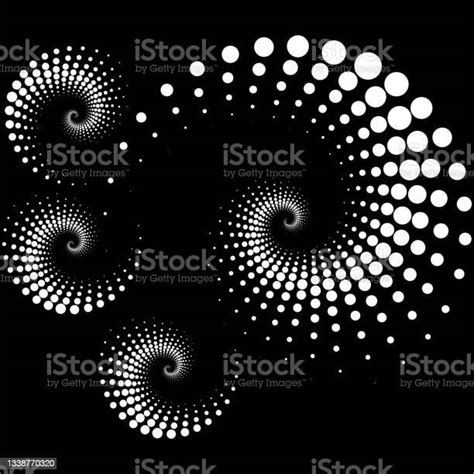 벡터 편집 가능한 그래픽입니다 원형 나선형의 형태로 흑백 점 둥근 기하학적 로고 스텐실 점선 프레임 웹 배너 포스터 커버 소셜