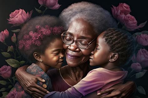 Avó Da Família Africana E Seus Netos Com Flores Ao Redor De Diferentes